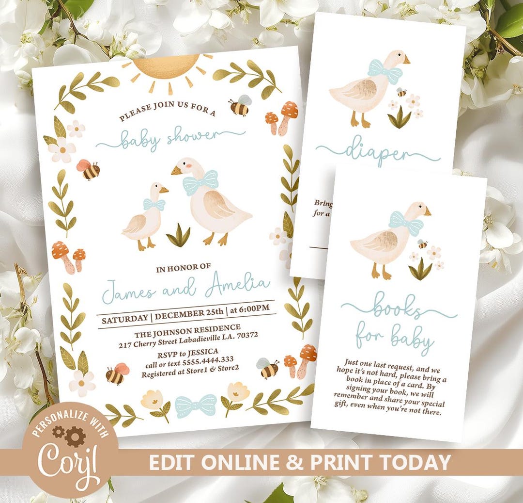 Boy Goose Baby Shower Invitation Bundle, Vintage Simple Mama and Baby ...