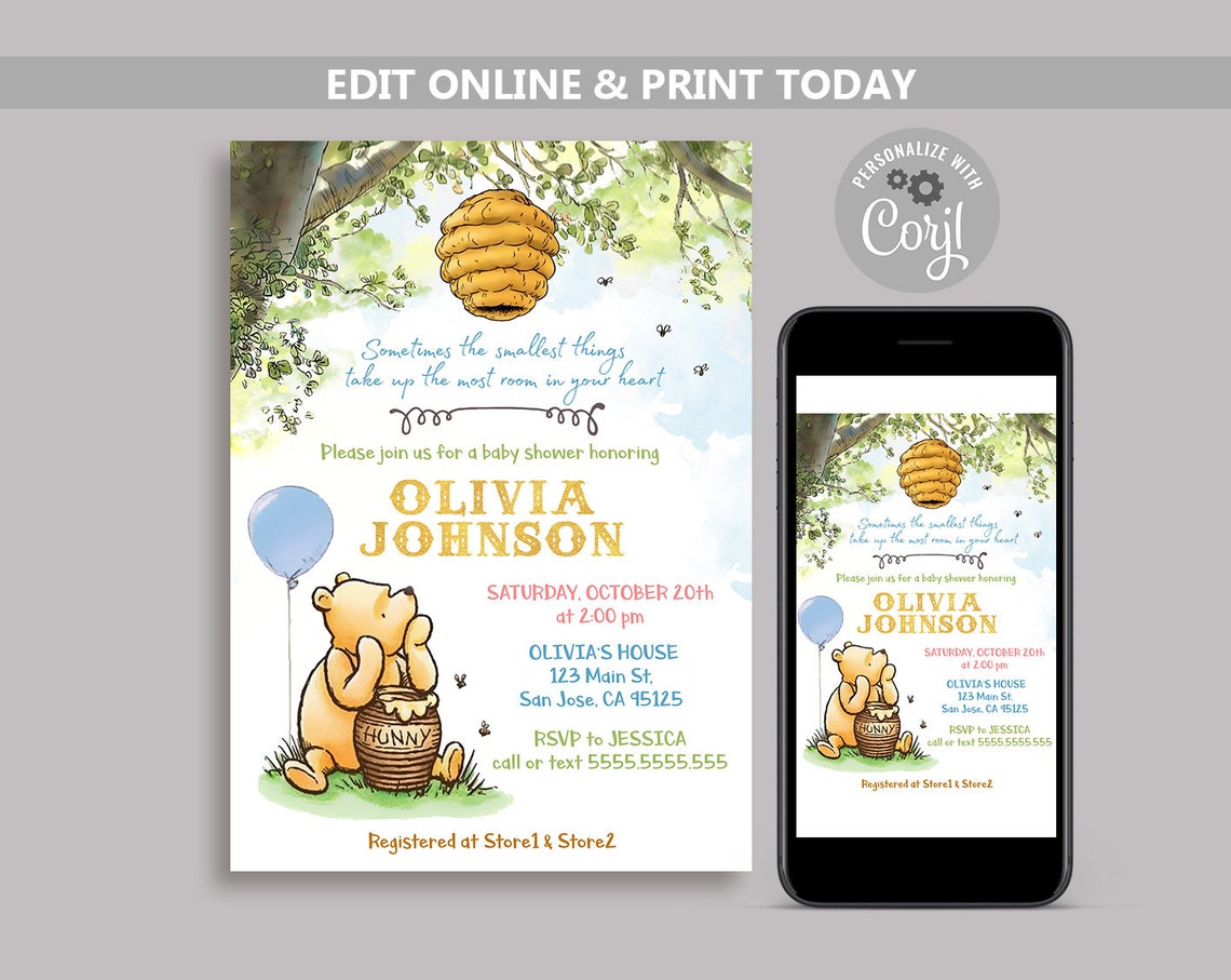 Classic Winnie the Pooh Baby Shower Invitation Set Blue - Etsy