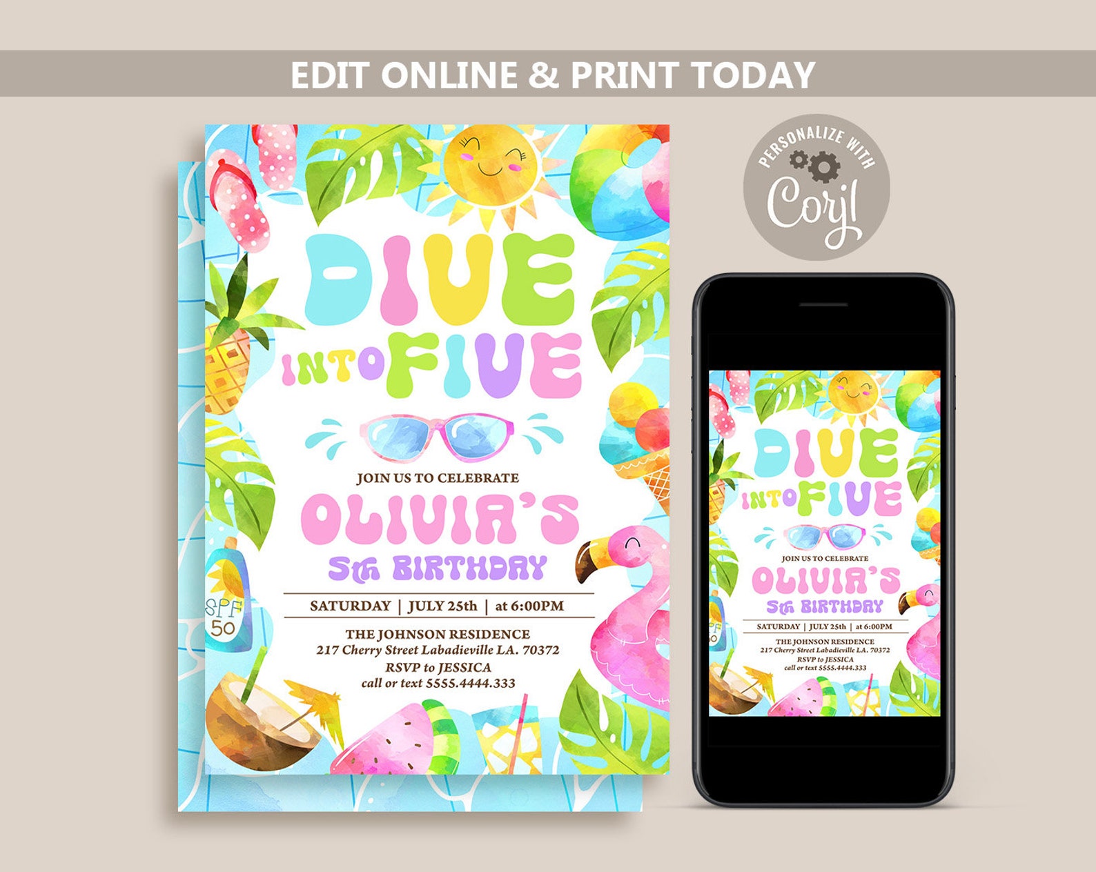 Editable Dive Into Five 5th Birthday Party Invitation, Tropical Summer ...