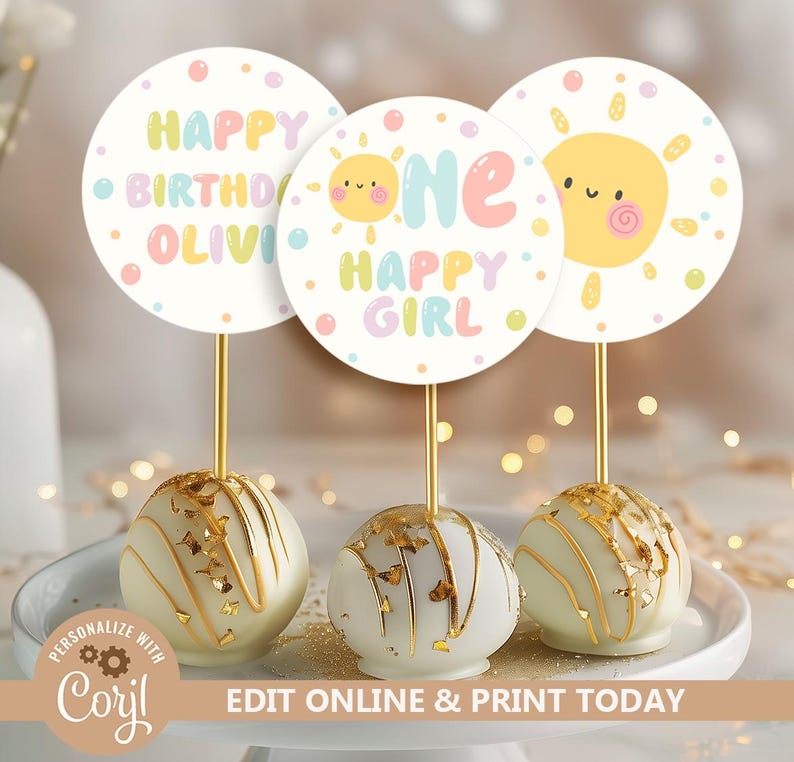 Girl 1st Birthday Cupcake Toppers: Pastel Sun Printables (editable ...