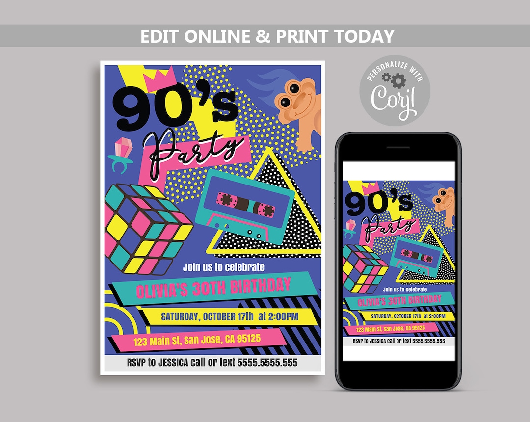 90s Theme Party, 90s Invitations, 90s Birthday Party Invitation, Retro ...