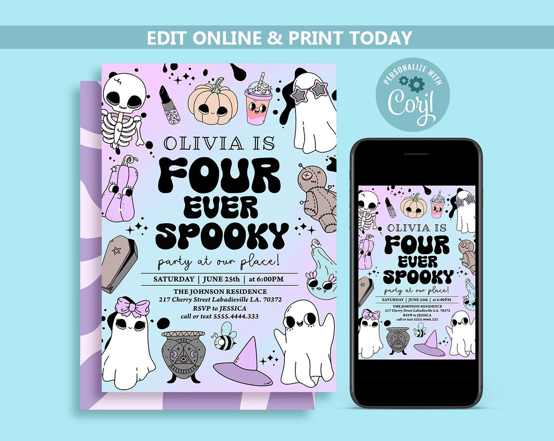 Four Ever Spooky Birthday Invitation: Retro Halloween Ghost Party ...