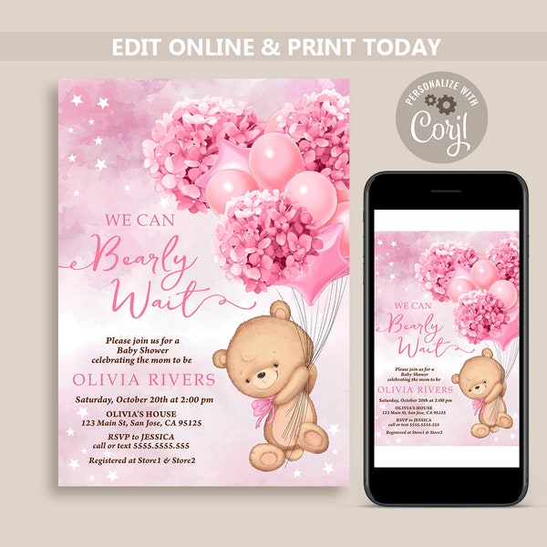 Baby Girl Teddy Bear Invitation - Etsy