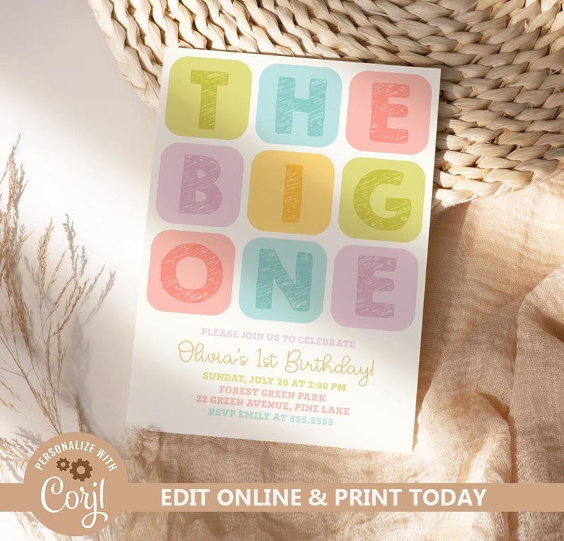 The Big One Colorful Blocks Invitation: First Birthday Invite Editable ...