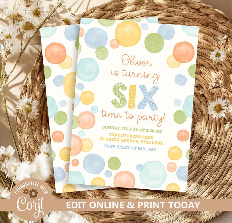 Rainbow Bubble Birthday Invitation, 6th Birthday Evite (digital ...