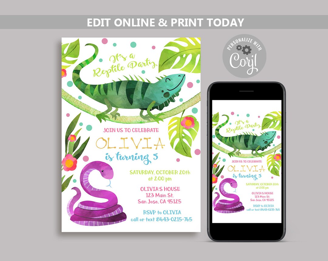 Reptile Birthday Party Invitation Girl, Editable Reptile Show Party ...