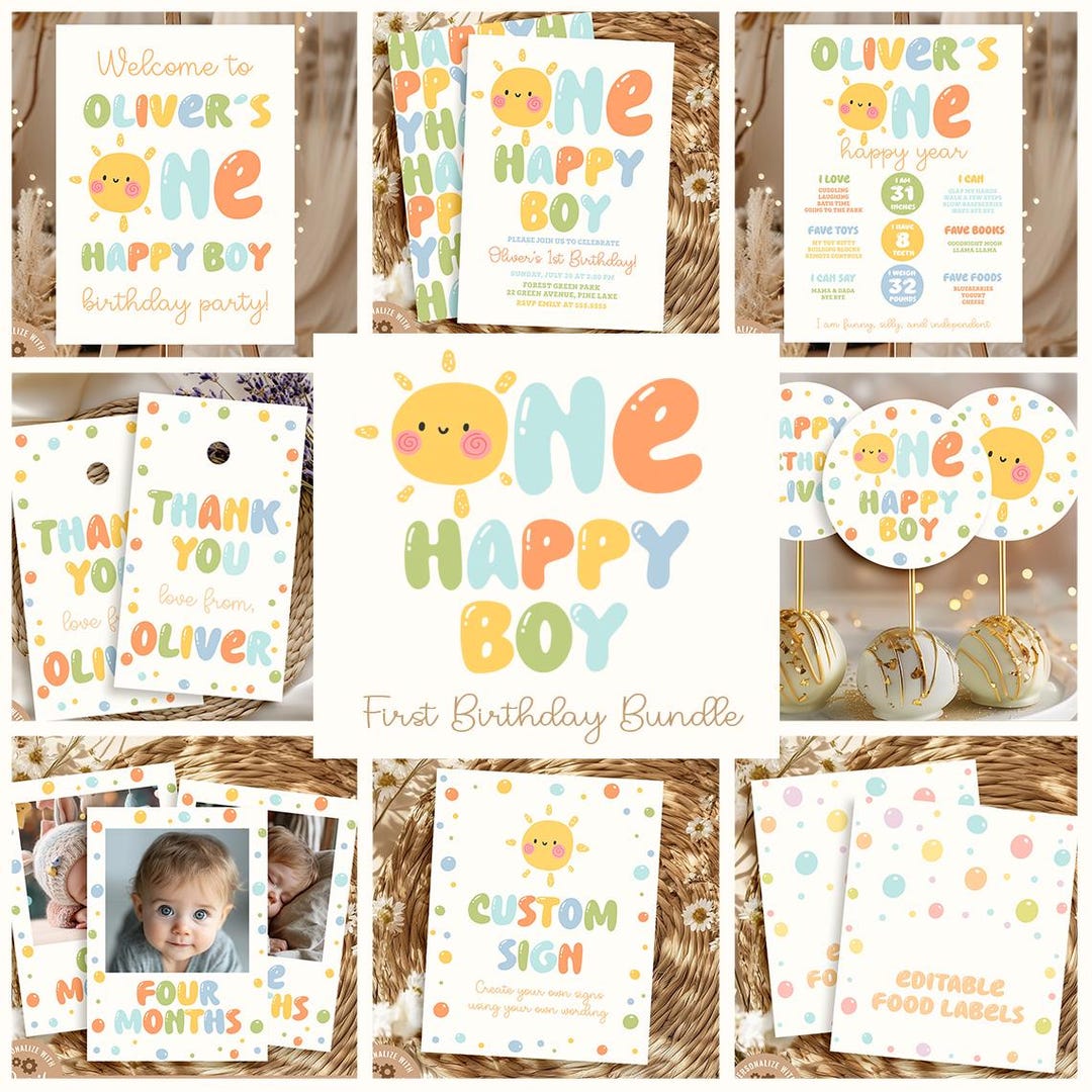 One Happy Boy 1st Birthday Invitation Set: Editable Rainbow Sunshine ...