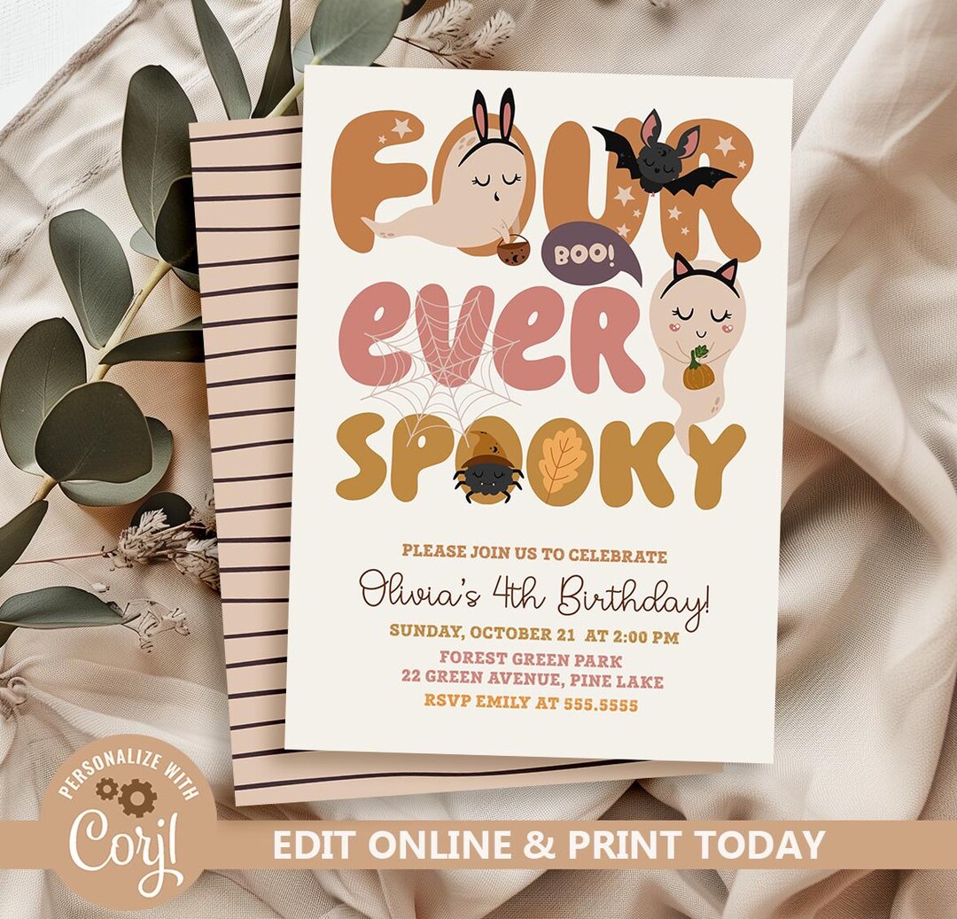 Spooky 4th Birthday Invitation: Halloween Ghost Party, Editable ...