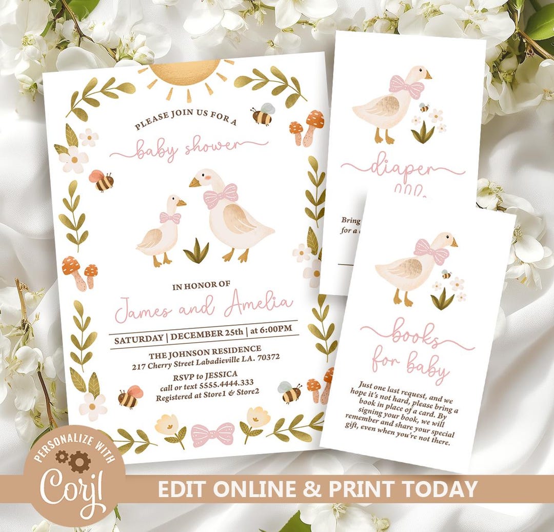 Goose Baby Shower Invitation Set, Vintage Simple Mama and Baby Goose ...