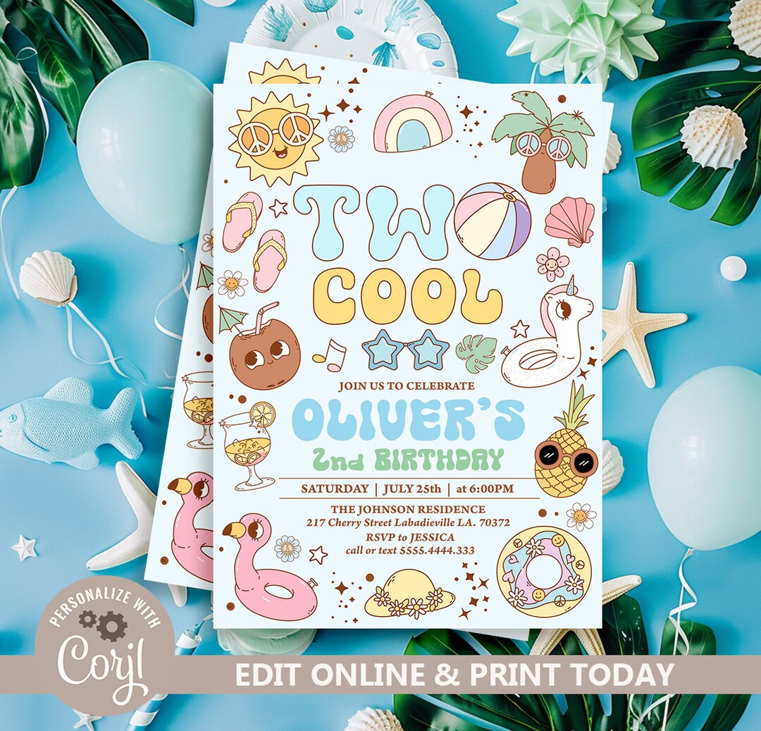 Editable Two Cool Birthday Party Invitation, Splish Splash Summer Boy ...