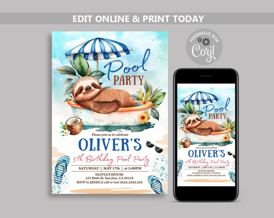 Sloth Pool Party Invitation, Sloth Pool Party Bash, Sloth Pool ...