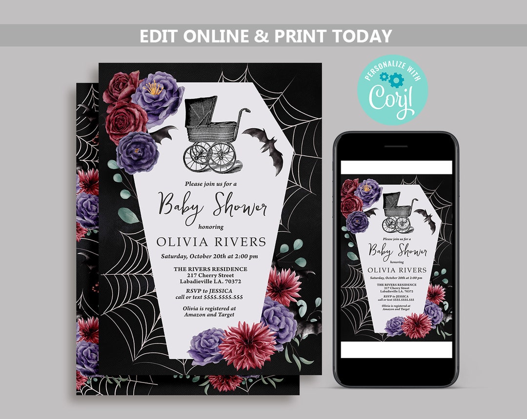 Halloween Baby Shower Invitation, Gothic Floral Baby Shower Template ...
