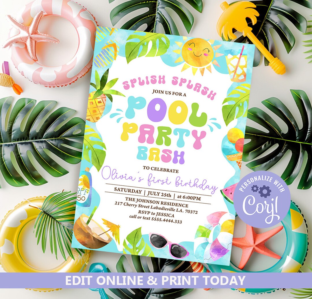 Editable Pool Party Invitation, Tropical Splish Splash Girly Pool Party ...