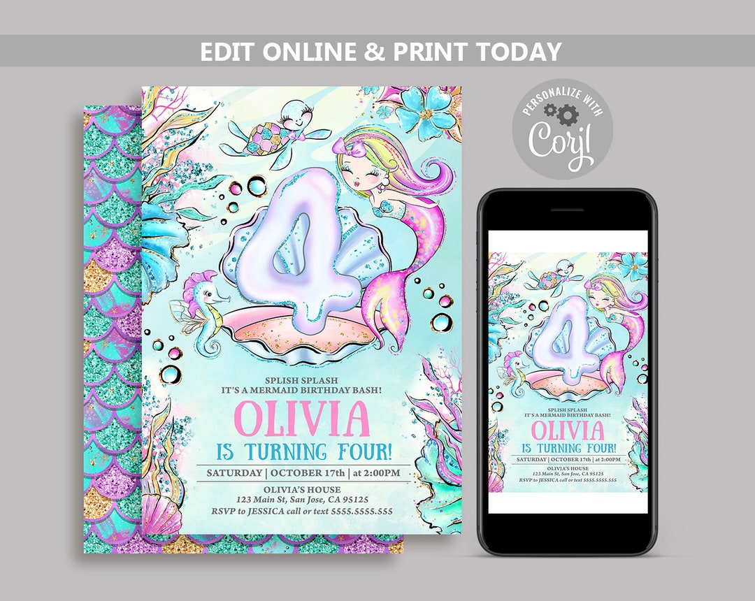 Mermaid Invitation, Editable Mermaid 4th Birthday Party Invite, Under ...