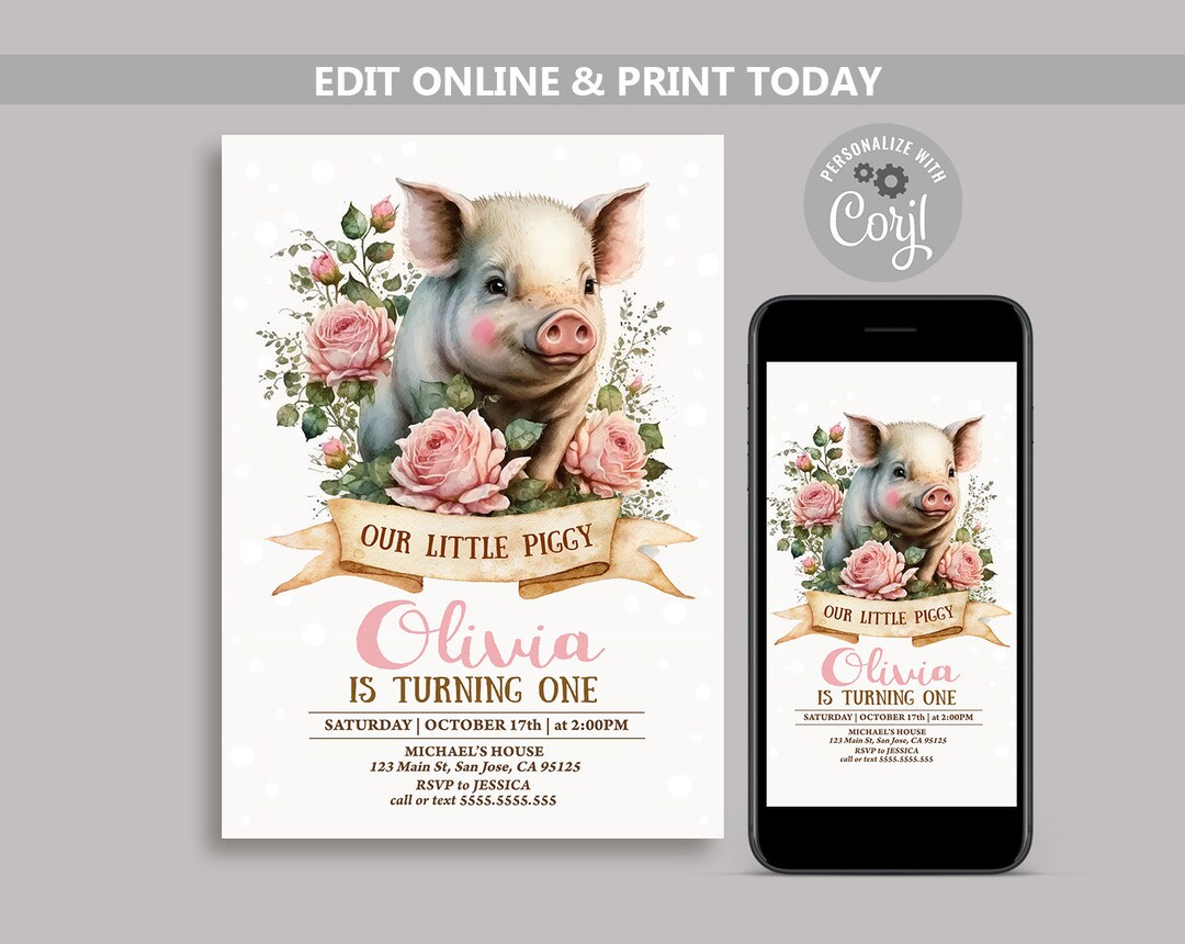 Editable Pig Birthday Invitation Template, Pig Birthday Invites, Farm ...