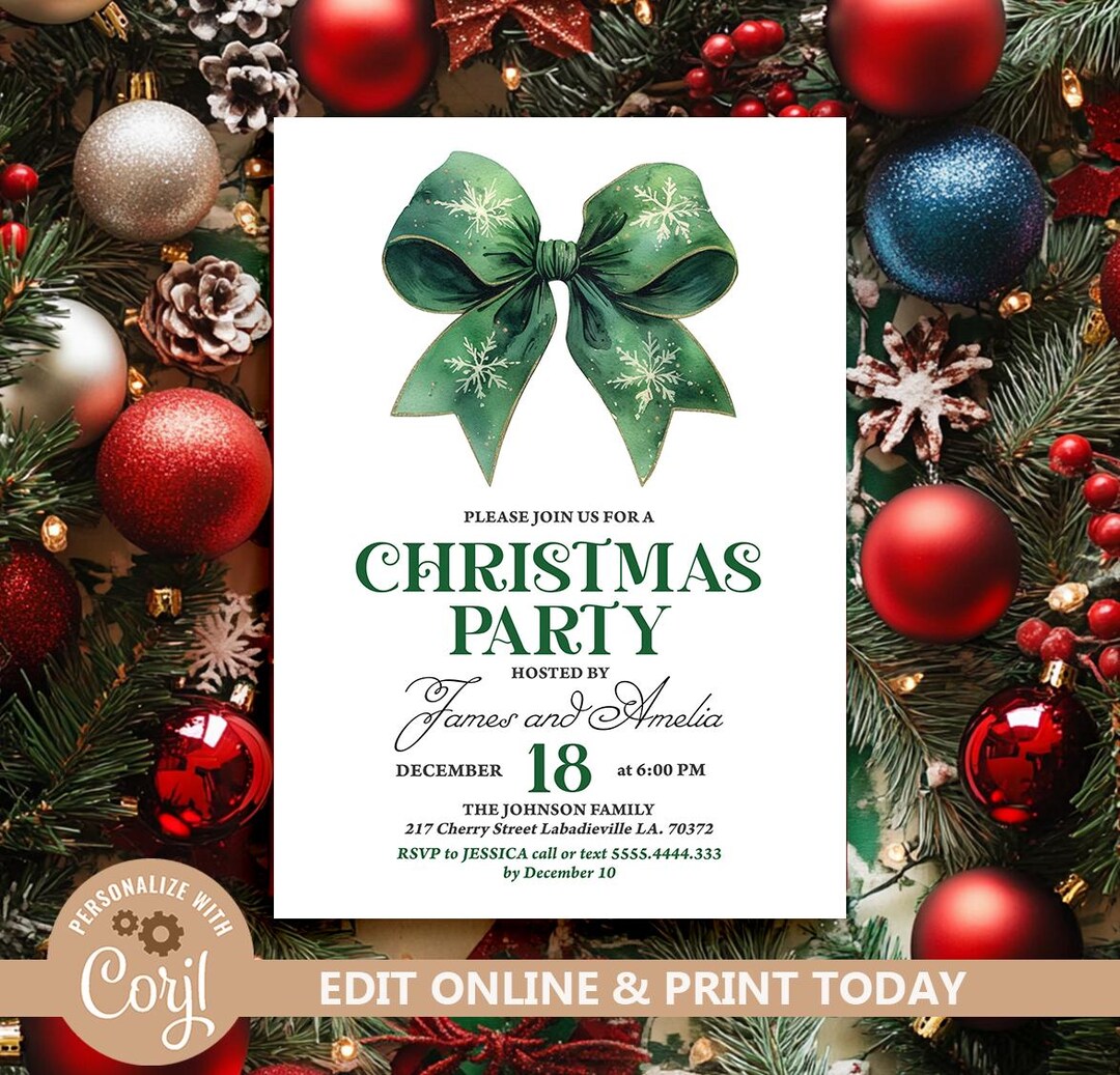 Green Bow Christmas Party Invitation Template (printable) - Etsy