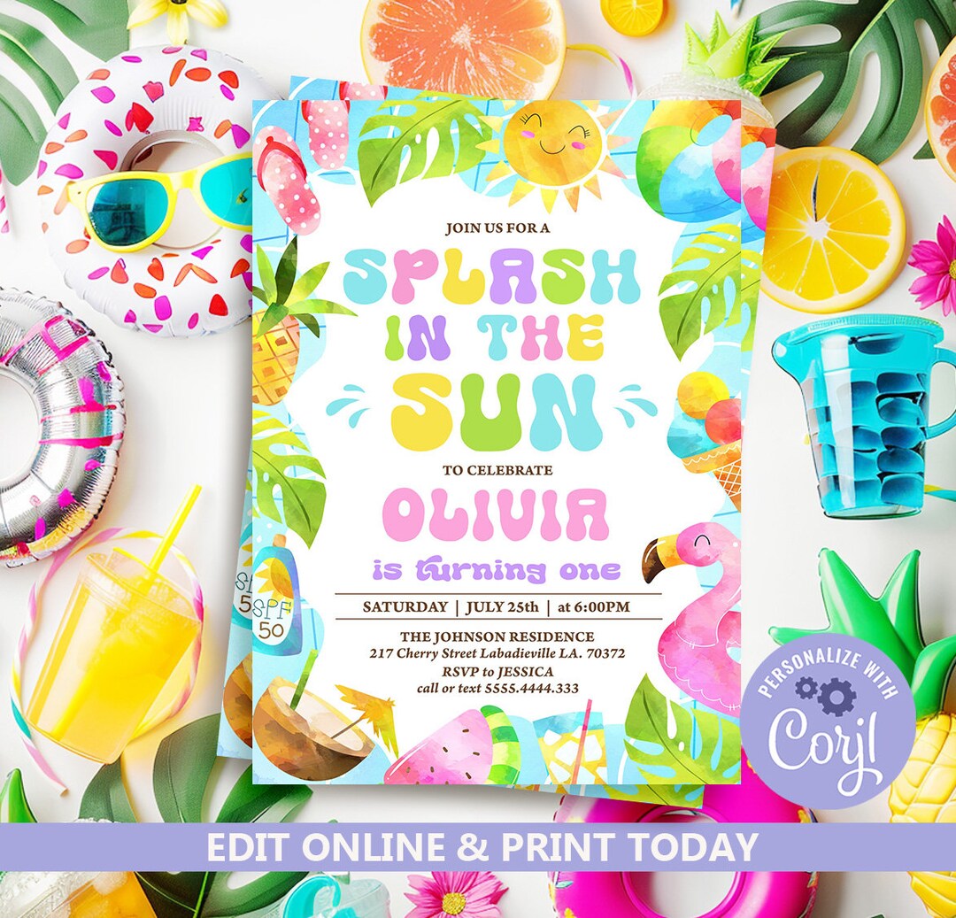 Editable Splash in the Sun 1st Birthday Party Invitation Girly Tropical ...