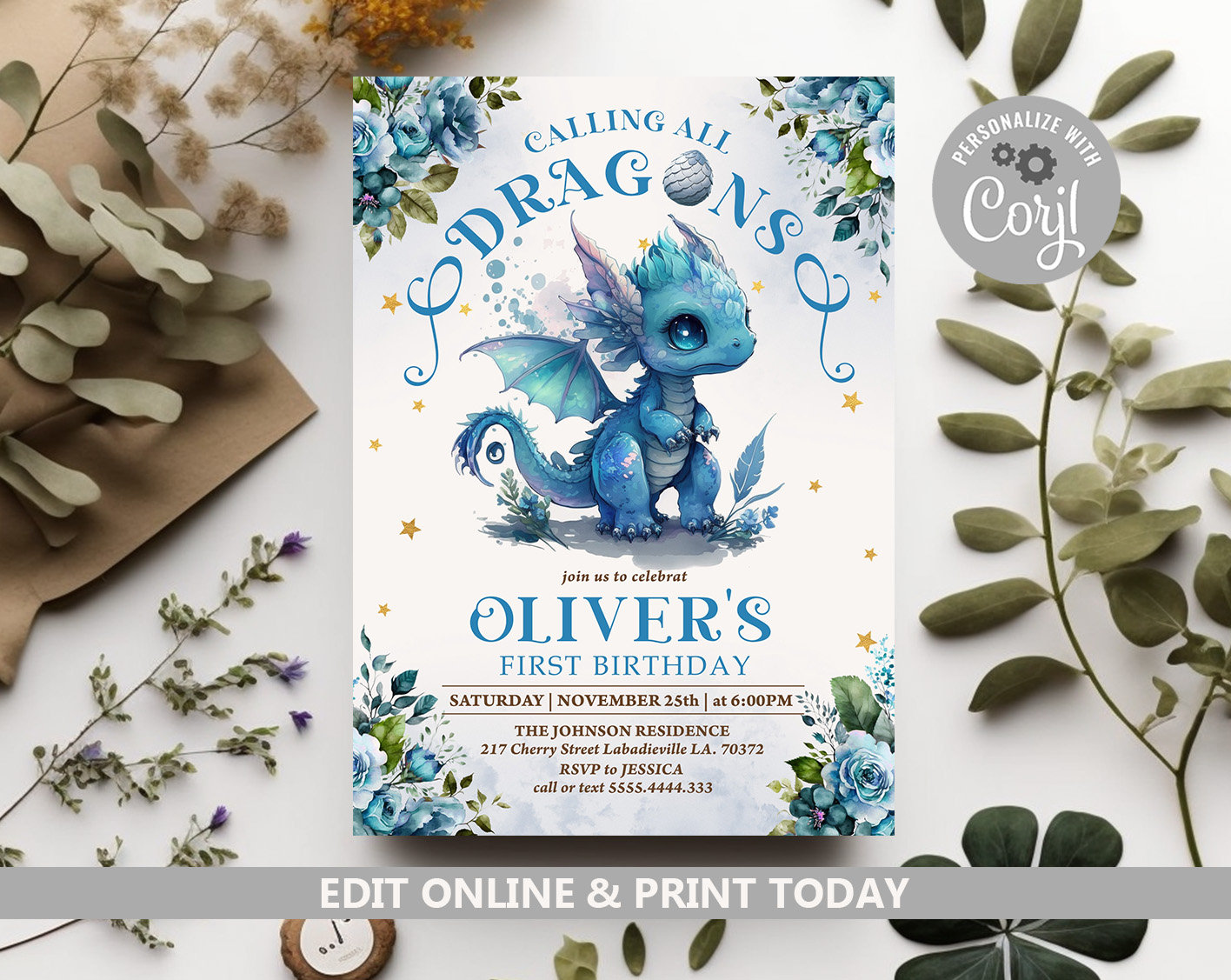 Blue Dragon Birthday Party Invitation Editable Magical Dragon - Etsy