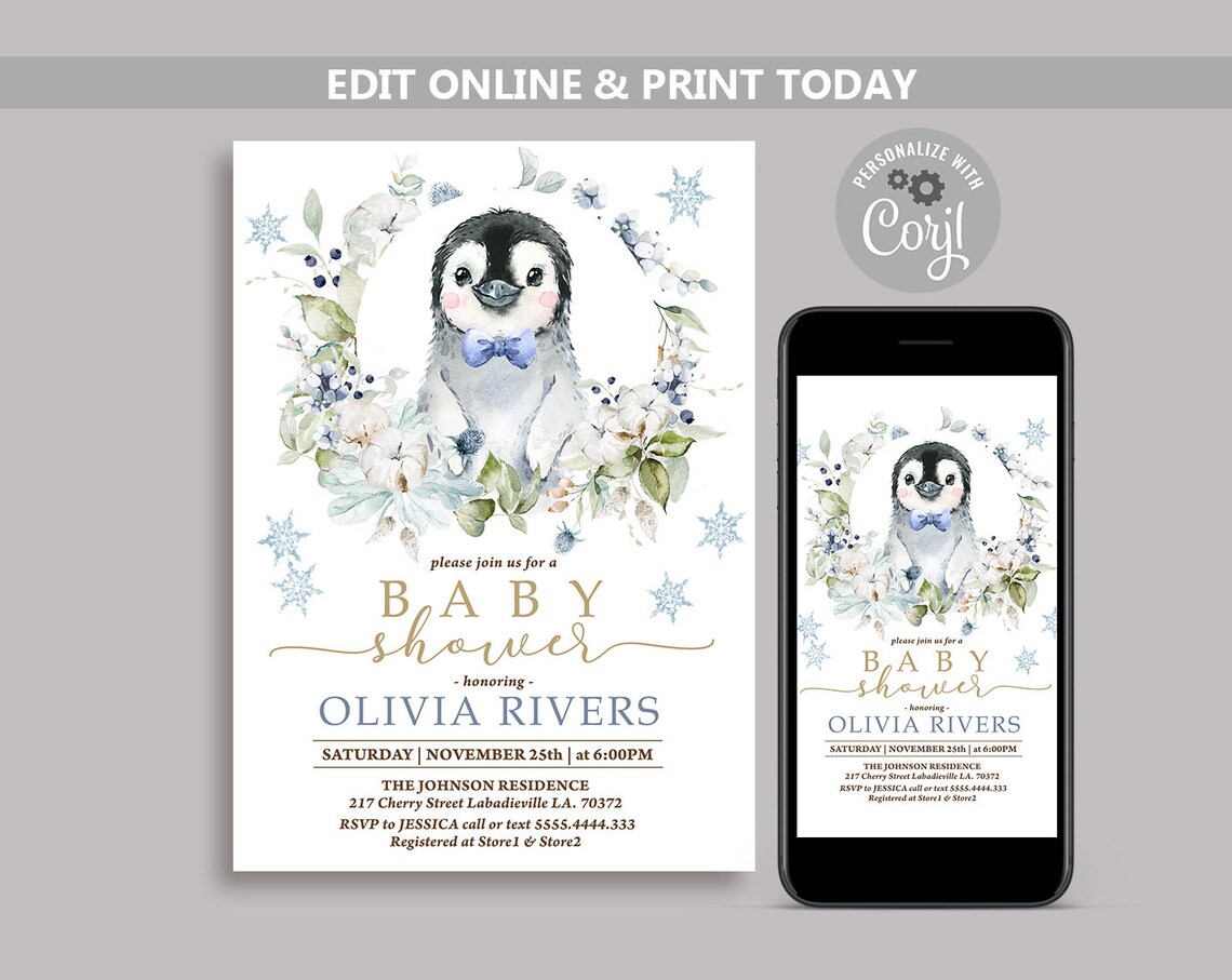 Penguin Baby Shower Invitation Bundle Boy Winter Baby Shower - Etsy