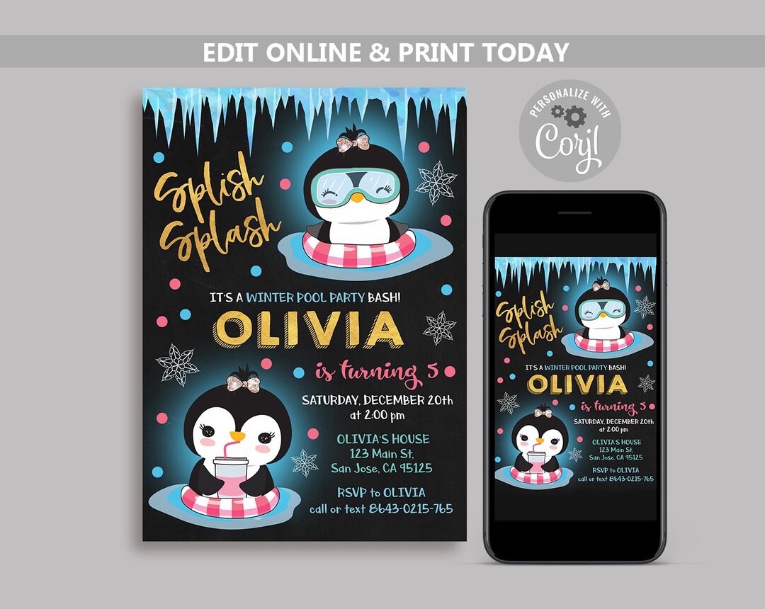 Penguin Pool Party Invitation, Little Penguin Birthday Invite, Winter ...