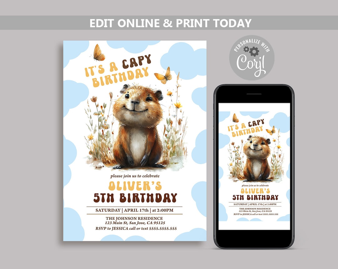 Cute Capybara Birthday Invitation Template, It's a Capy Birthday Party ...