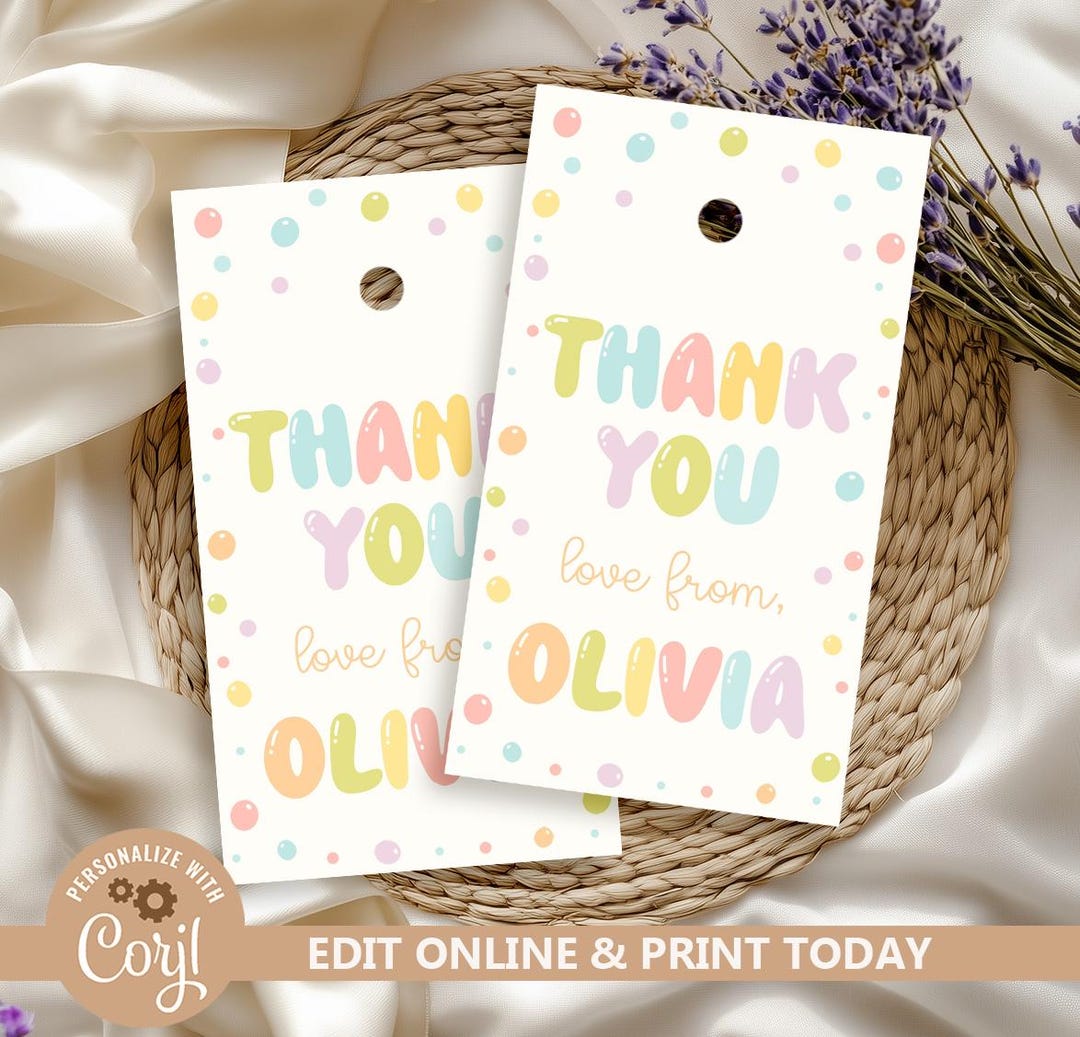 Pastel Girl 1st Birthday Thank You Tags: Editable Template (digital ...