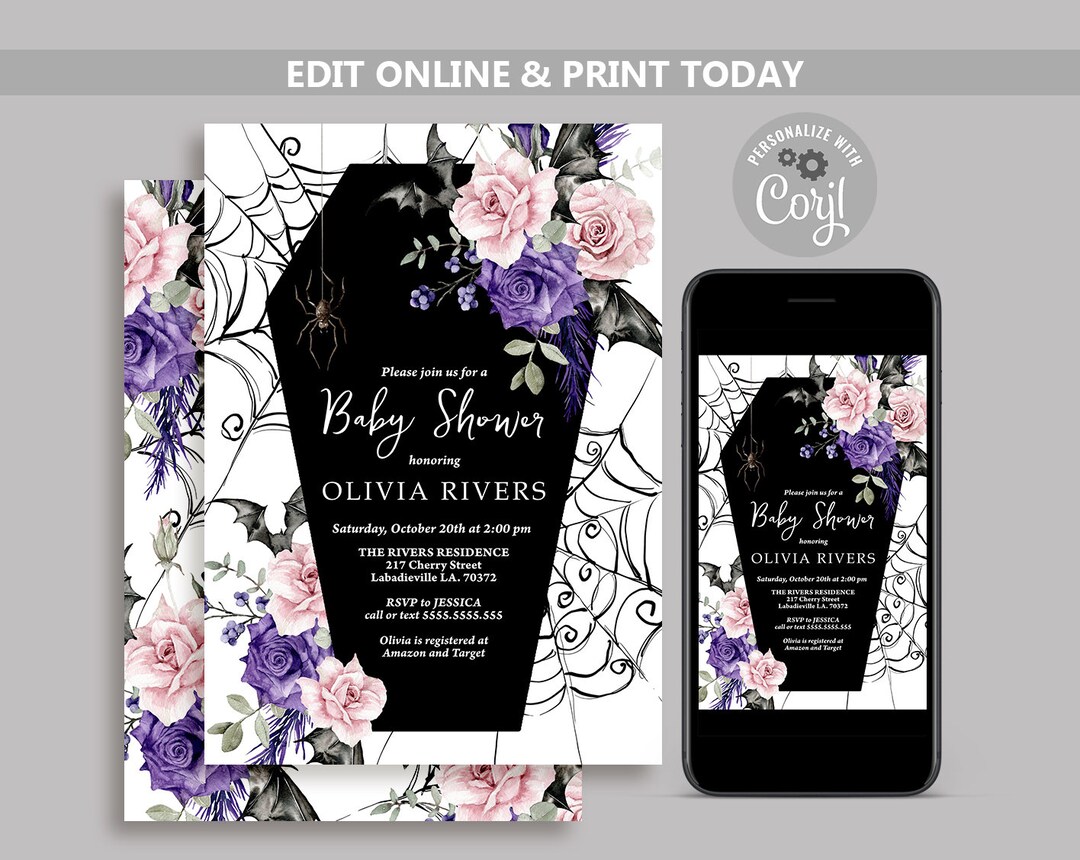 Gothic Baby Shower Invitation, Halloween Floral Baby Shower Template ...
