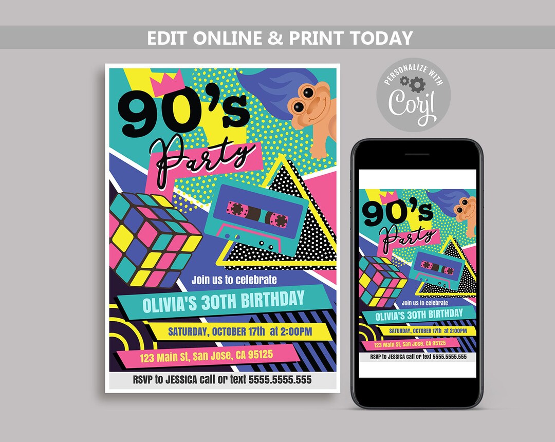 90s Birthday Party Invitation, 90s Invitations, Retro 1990s Birthday ...