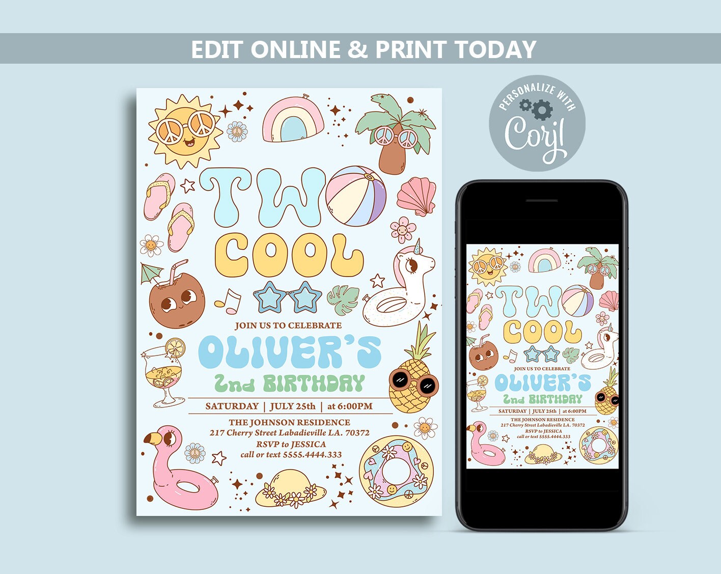 Editable Two Cool Birthday Party Invitation, Splish Splash Summer Boy ...