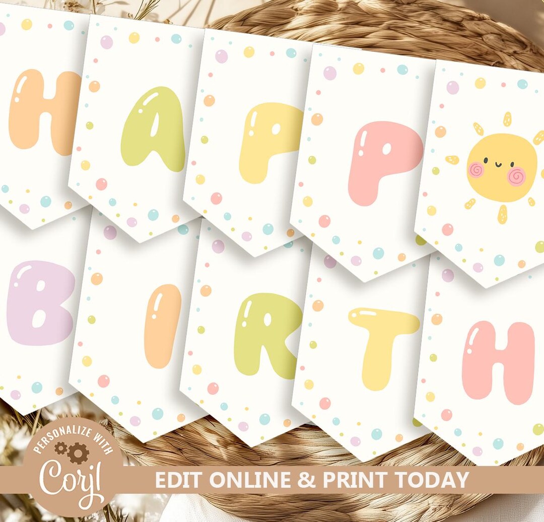 Rainbow Birthday Banner: Bubble Party Decorations (editable Template ...