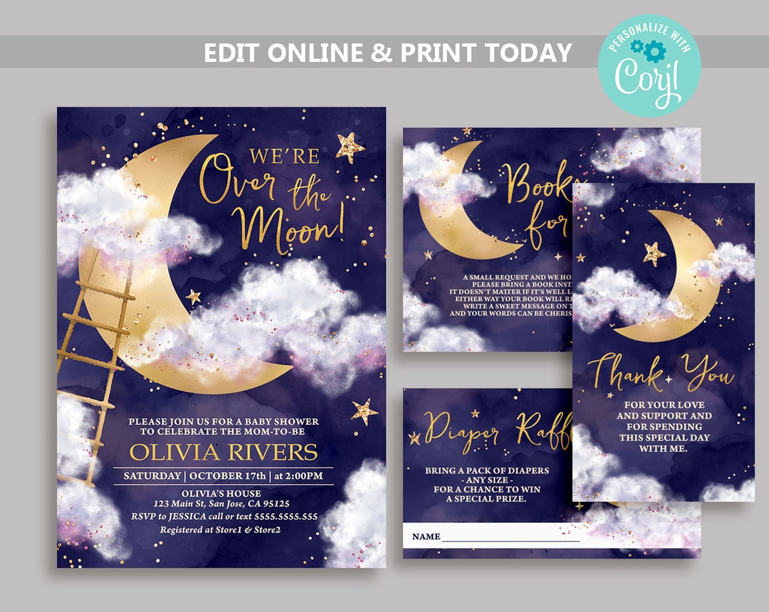 Over the Moon Baby Shower Invitation Set, Editable Faux Gold Moon and ...