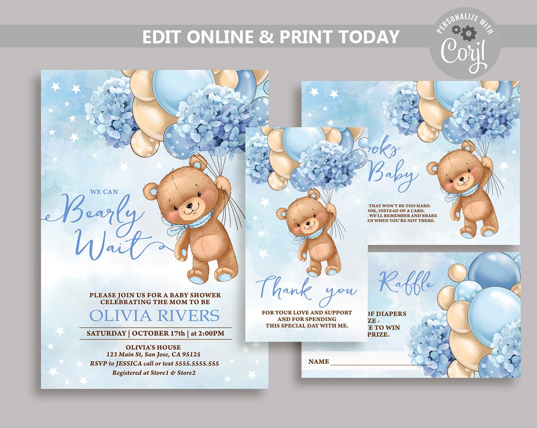 Teddy Bear With Blue Balloons Baby Shower Invitation Bundle, Oh Boy ...