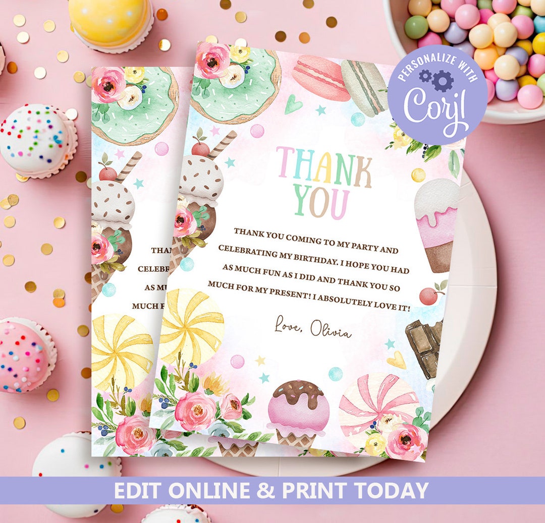 Editable Sweet Candy Thank You Card, Candy Theme, Sweet Celebration ...
