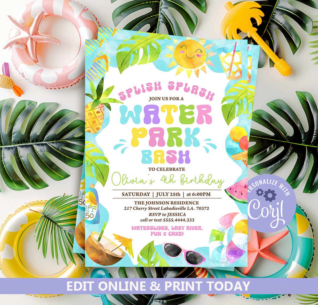 Editable Water Park Birthday Party Invitation, Tropical Splish Splash ...