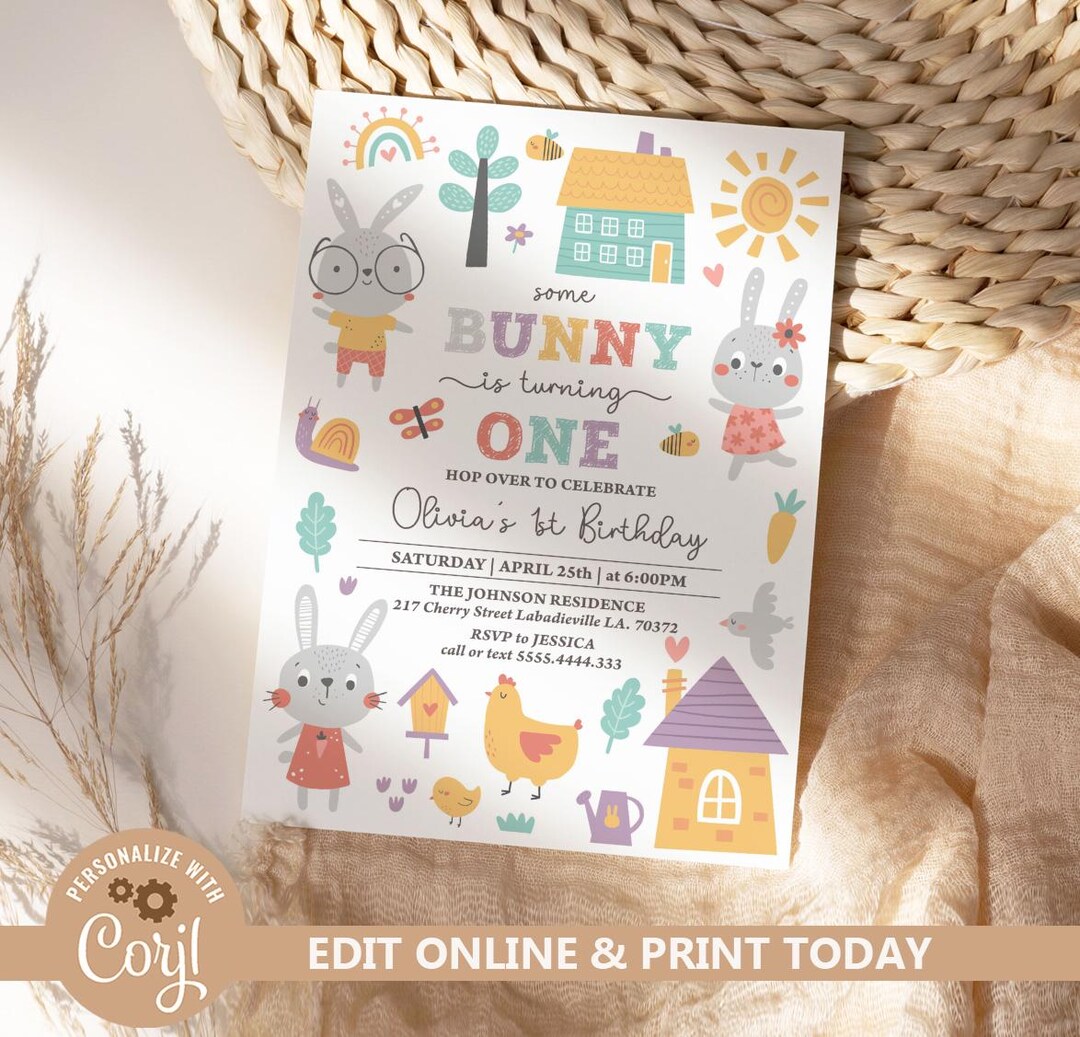 Bunny 1st Birthday Invitation, Gender Neutral Spring Party (editable ...