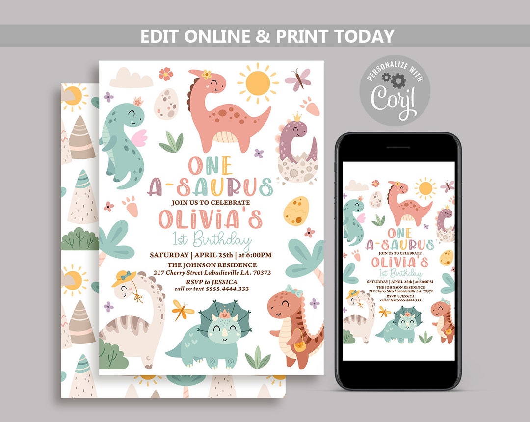 Pastel Dinosaur Birthday Invitation, Girl Oneasaurus Rex Birthday Party ...