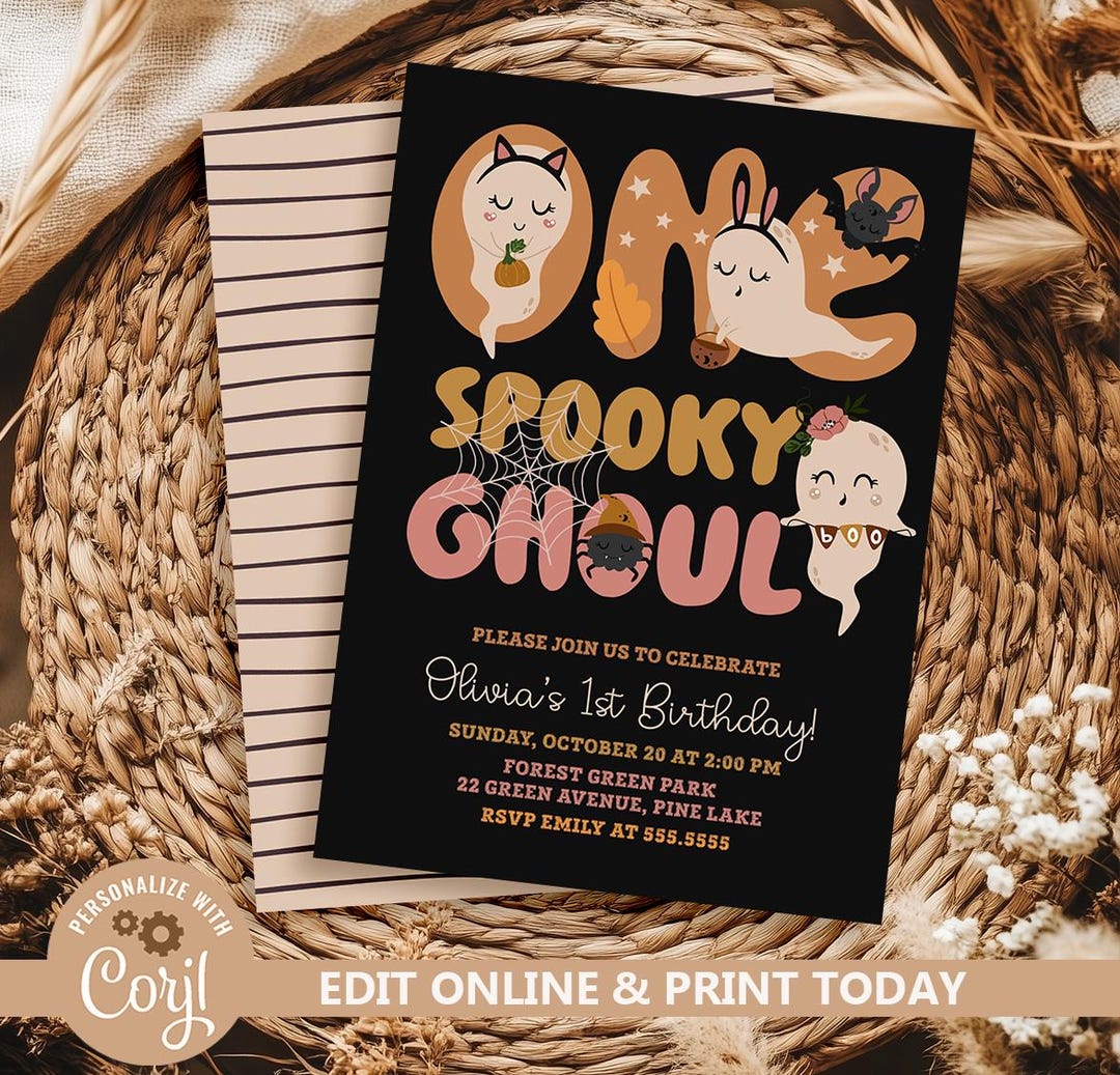 Editable One Spooky Ghoul Cute Pink Ghost 1st Birthday Party Invitation ...