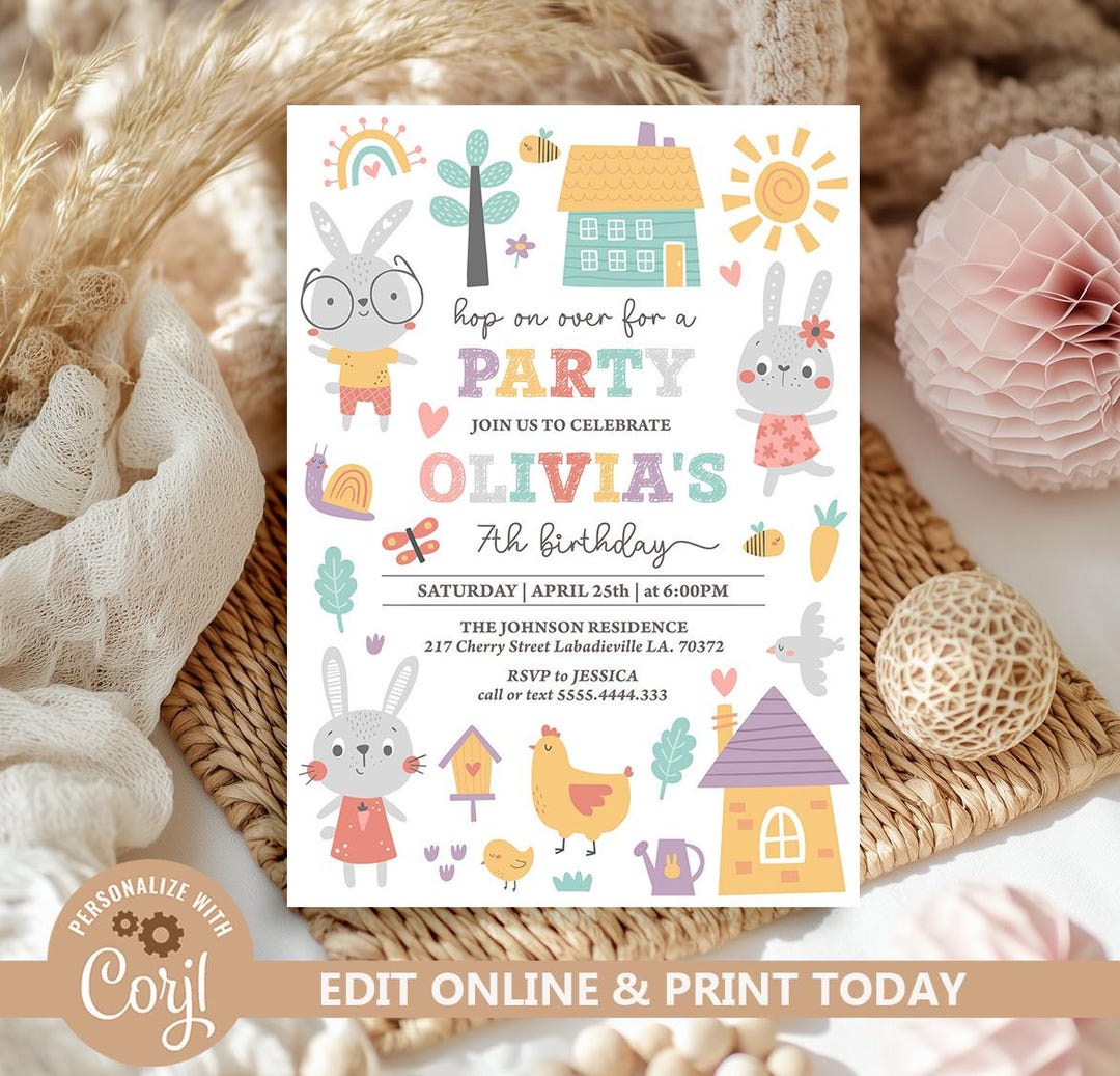 Spring Bunny Birthday Invitation, Editable Bunny Invitations, Rainbow ...