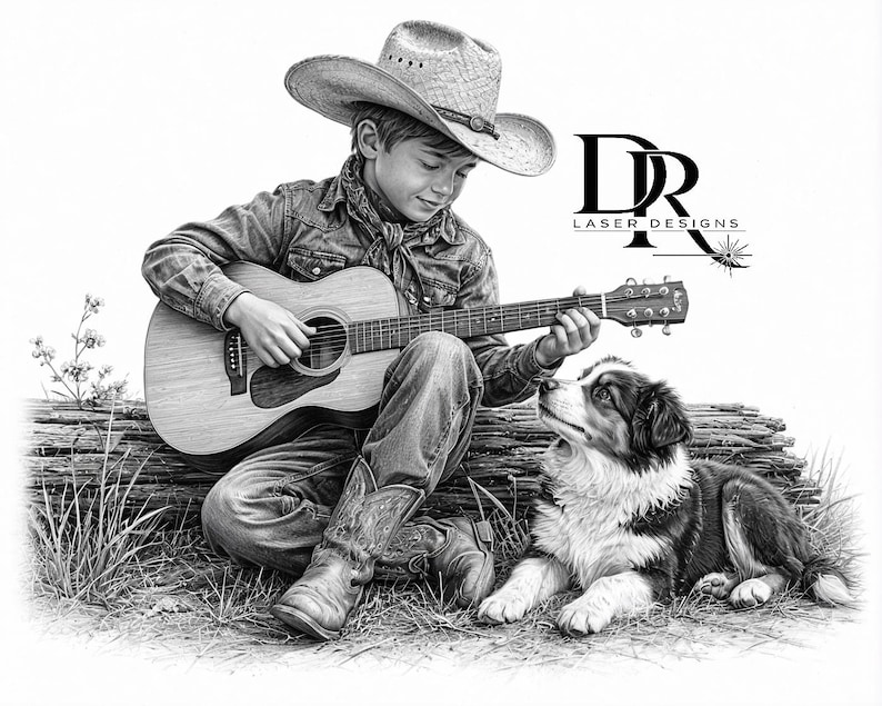 Cowboy Dog Guitar Engraving Design, High Detail Laser File (PNG ...