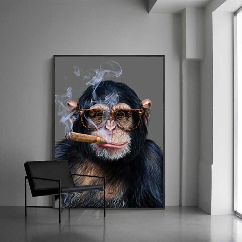 Chimp Monkey Smoking Cigar Canvas Painting Modern Wall Art Posters and ...