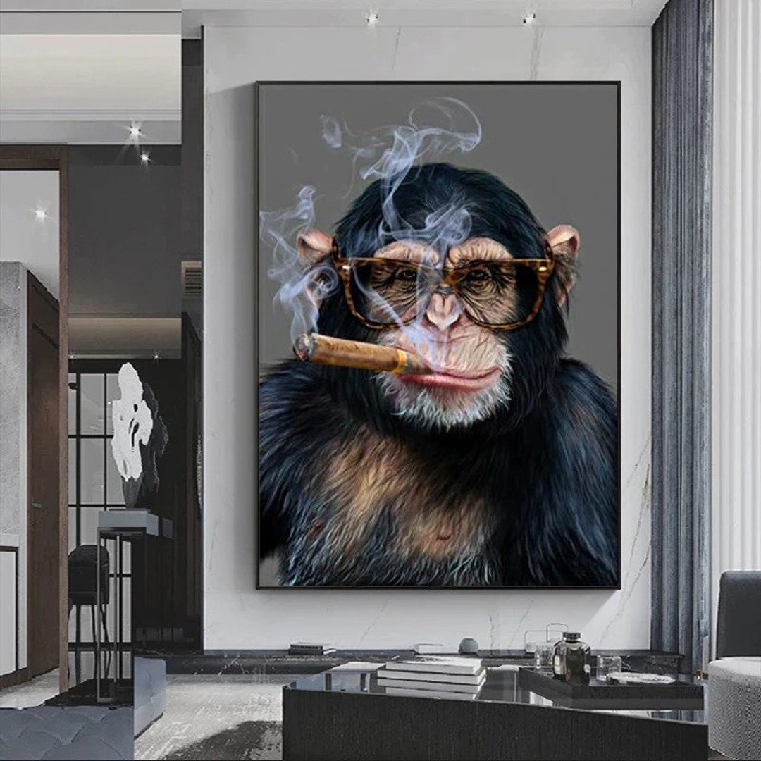 Chimp Monkey Smoking Cigar Canvas Painting Modern Wall Art Posters and ...