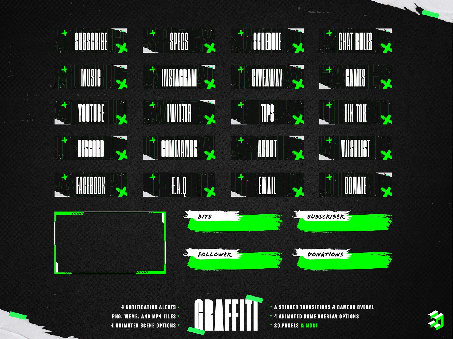 Graffiti Green Animated Stream Overlay Package for Twitch, Youtube ...