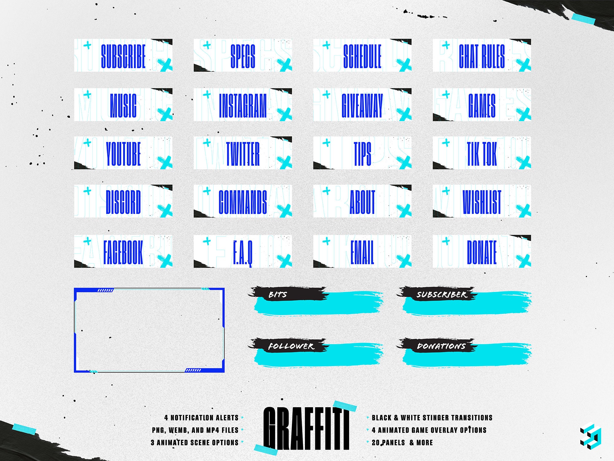 Graffiti Blue & White Animated Twitch Overlay Complete Stream Package ...