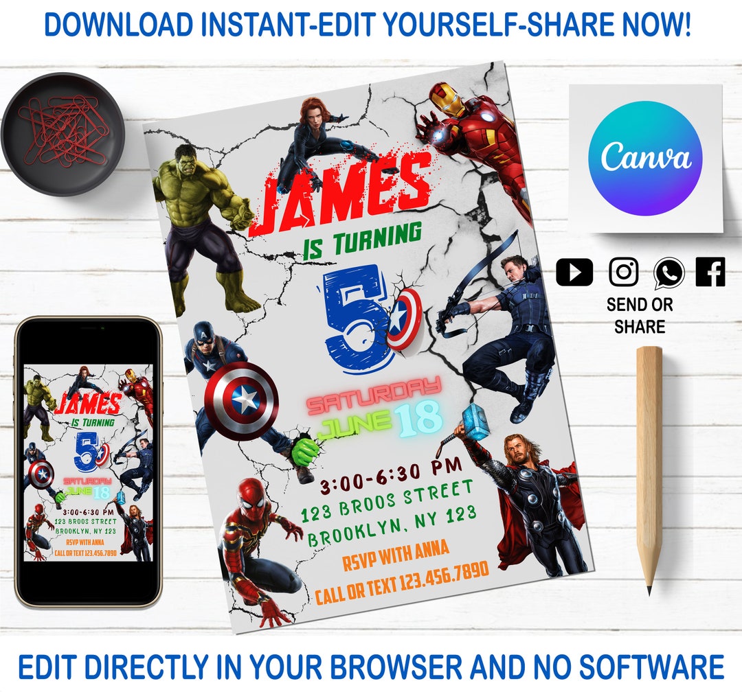 Avengers Birthday Invitation | Kids Digital Invitation | Superheros ...