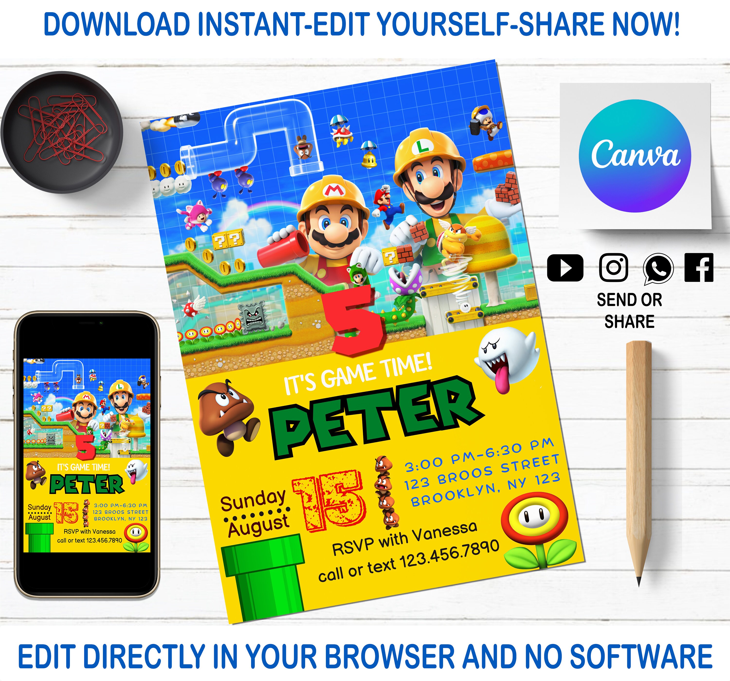 Super Mario Invitation Kids Digital Invitation Mario Bros Party Invite ...