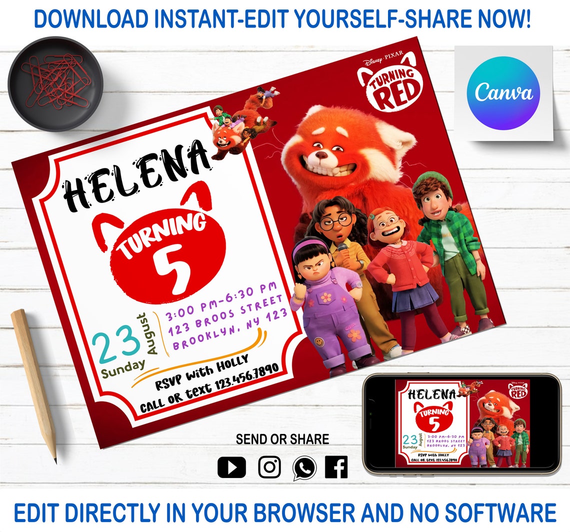 Turning Red Birthday Invitation | Kids Digital Invite | Digital Turning ...