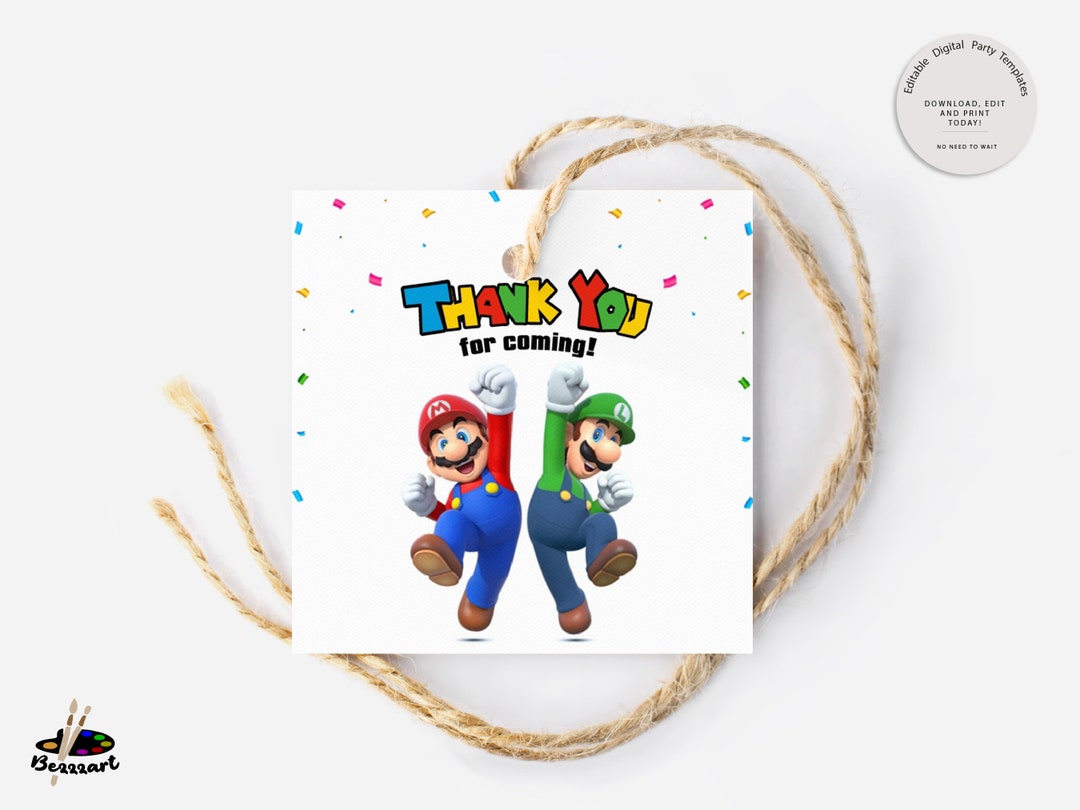 Super Mario Thank You Tag, Super Mario Birthday, Editable Thank You Tag, Editable Corjl Template ...