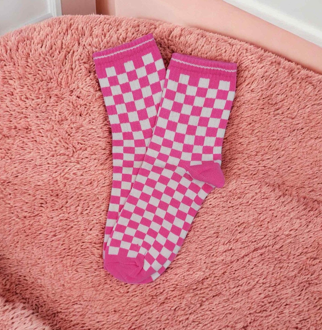 Pink and White Checkered Socks - Etsy