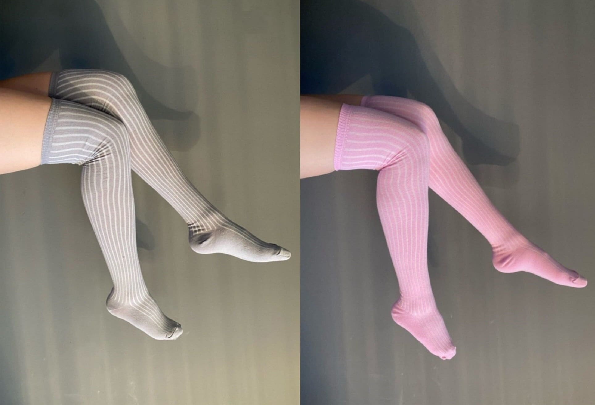 Shadow Striped Thigh High Socks, 3 Options, White,pink,gray Extra Long ...