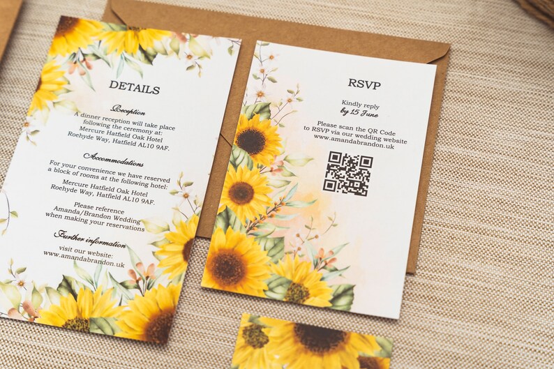 ECO Wedding Invitations With Sunflowers. Bronze Ecological Paper + White, Save-the-date, RSVP ...